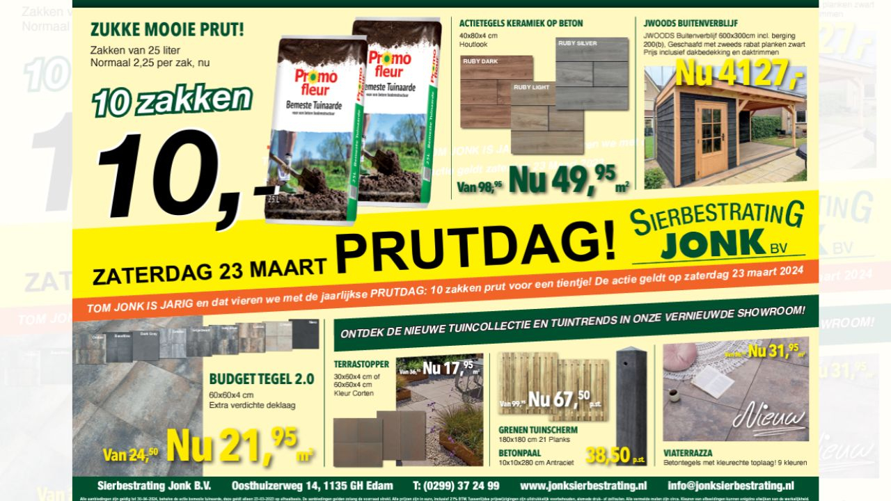 Zaterdag 23 maart PRUTDAG bij Sierbestrating Jonk - Nieuw-Volendam